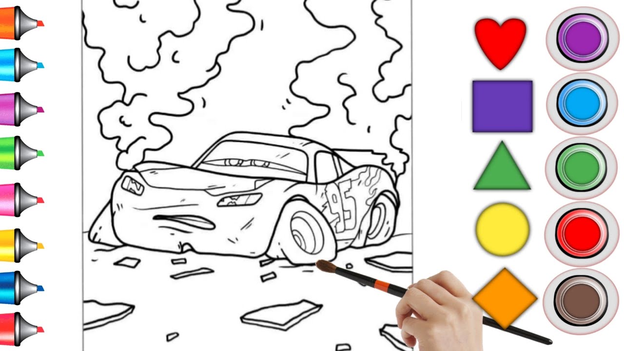 McQueen Crash Coloring | Easy coloring pages | Car Crash coloring video ...