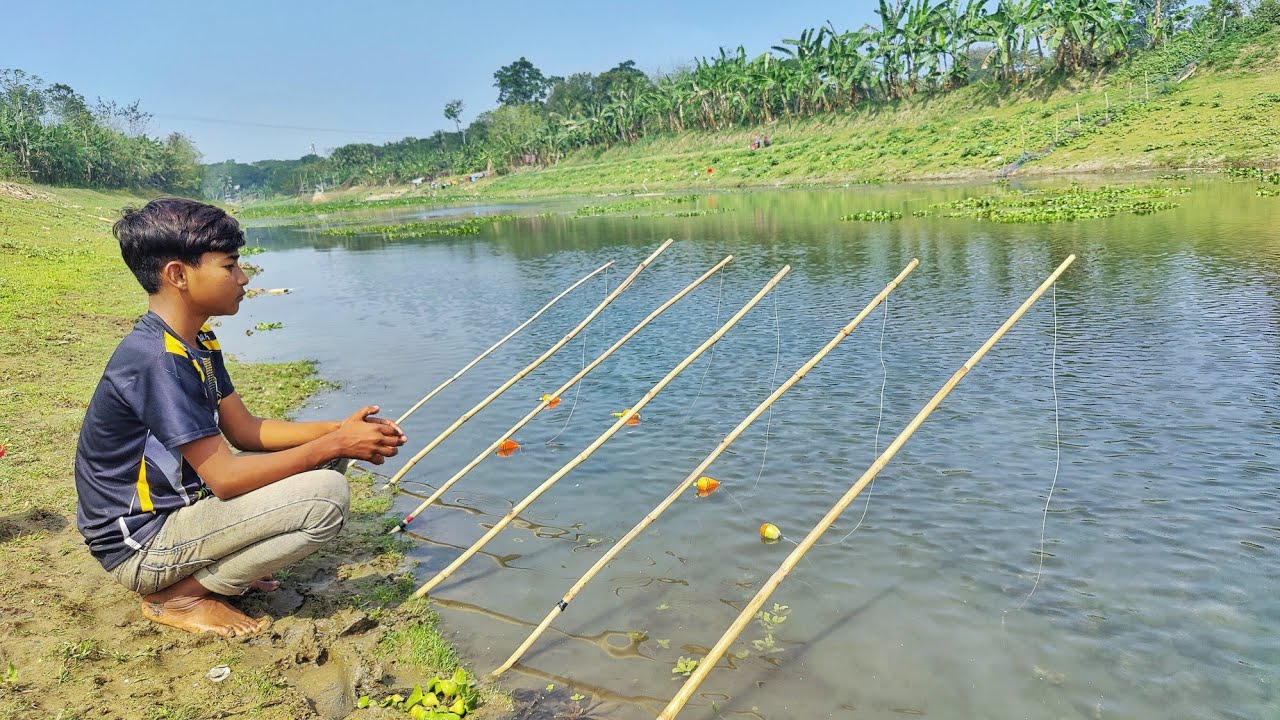 Little Boy Hunting Catching Fish By Rod | Amazing Bamboo Tools Hook ...