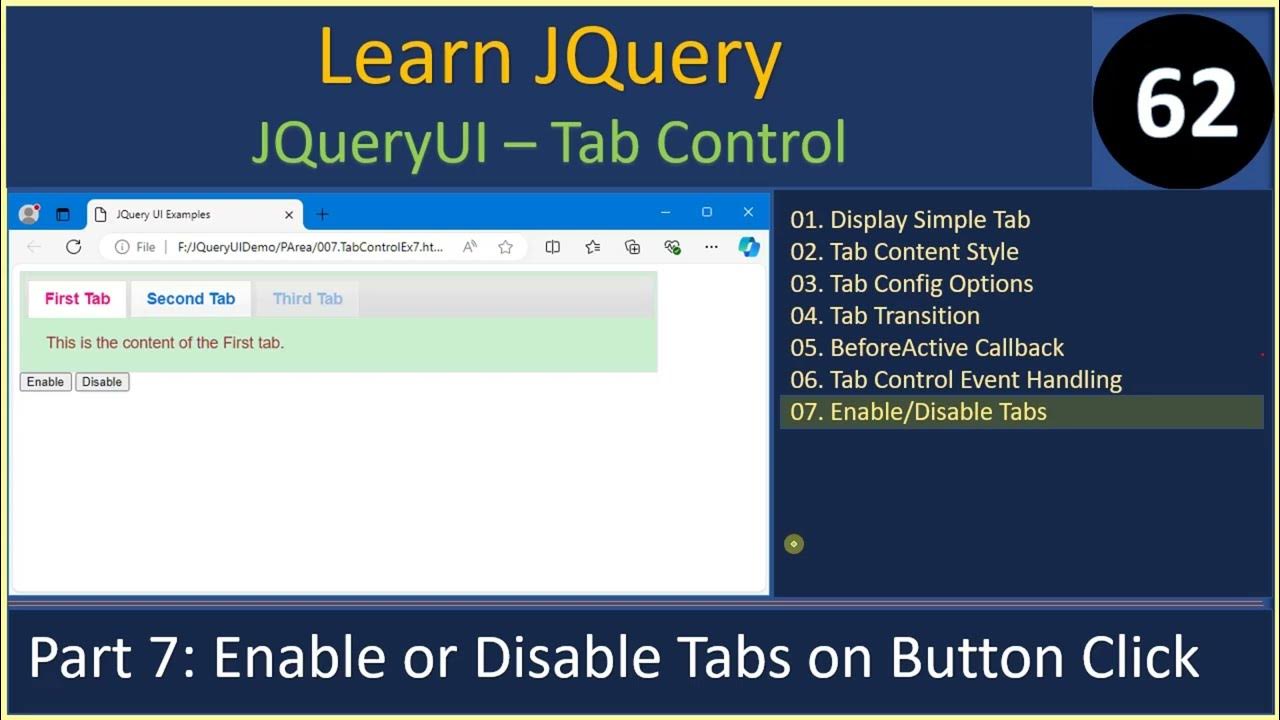 JQueryUI Tab | Part 7 - Enable Tabs on Button Click | JQuery Tutorials #62 - YouTube
