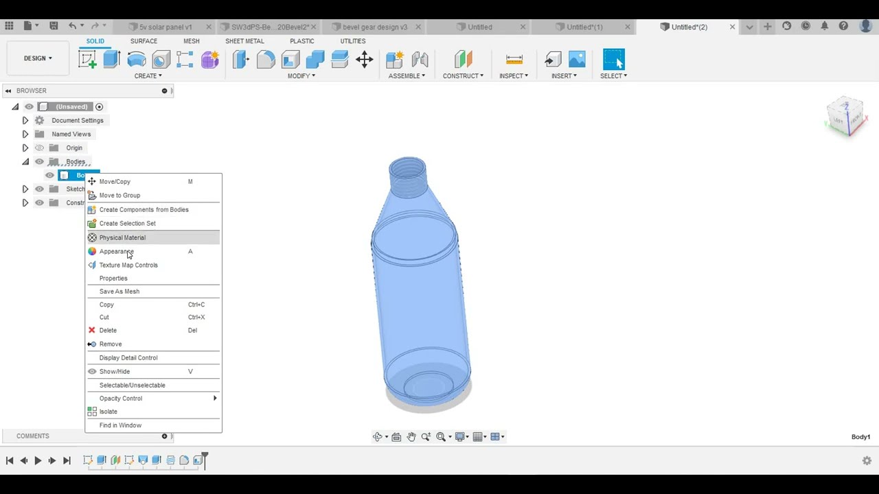 How To Deign A Water Bottle In Fusion 360 Youtube