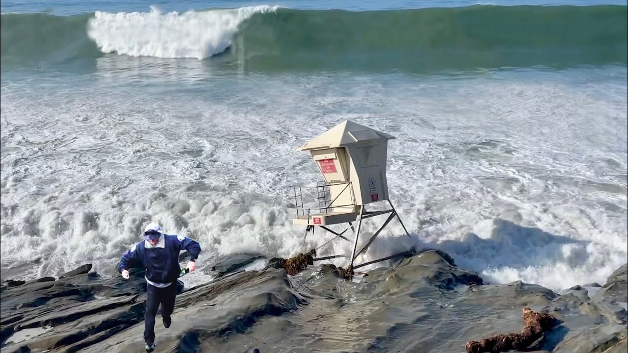 The Moment Waves Broke a Laguna Beach Lifeguard Tower: Largest Waves in ...