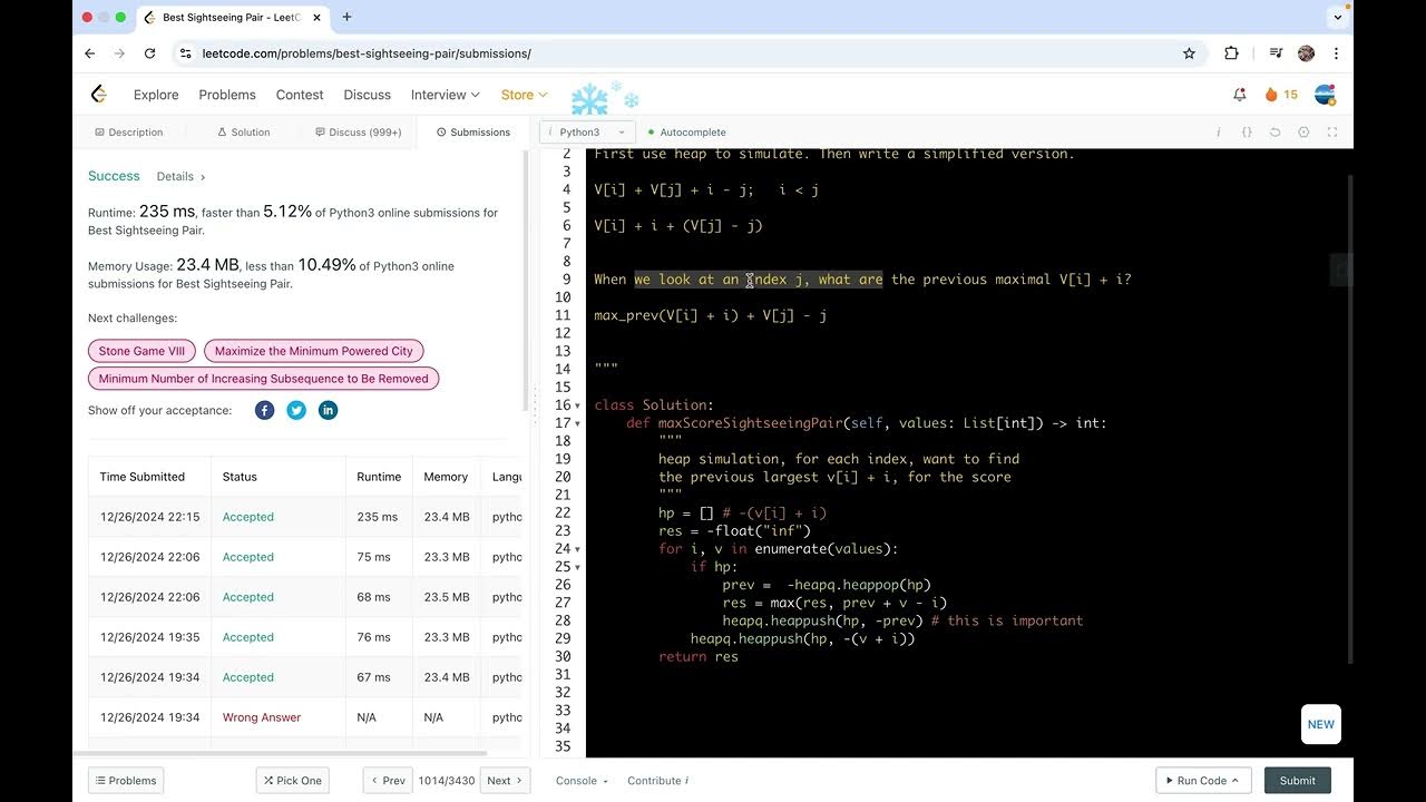 leetcode 1014 Best Sightseeing Pair | decouple, simulation, linear solution - YouTube