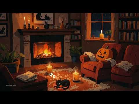 Spooky Cozy Evening — Lofi Fireplace with Cat & Pumpkins 🕯️🐈 | Study, Chill & Sleep
