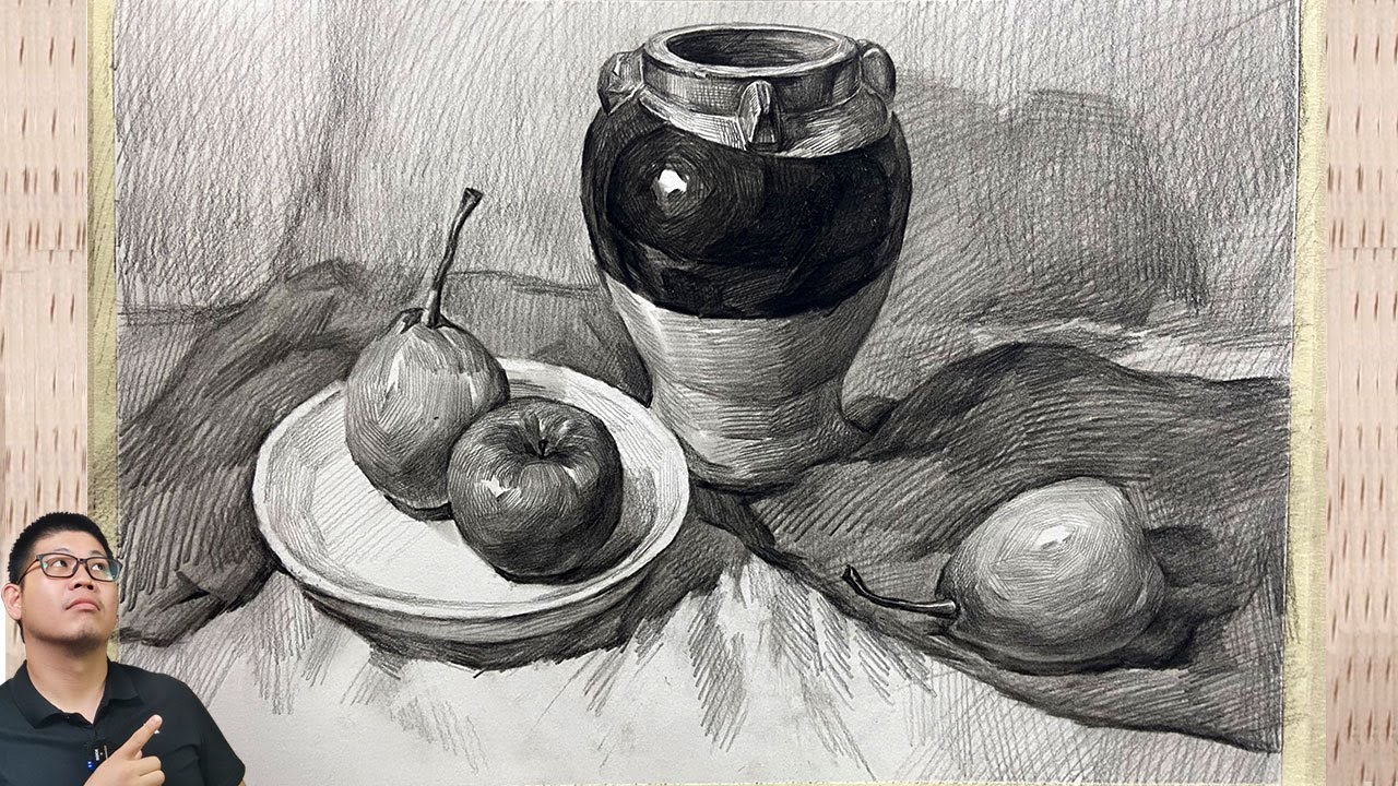 How to draw a still life sketch? |10x speed|Sketch|Ceramic pot|Fruit ...
