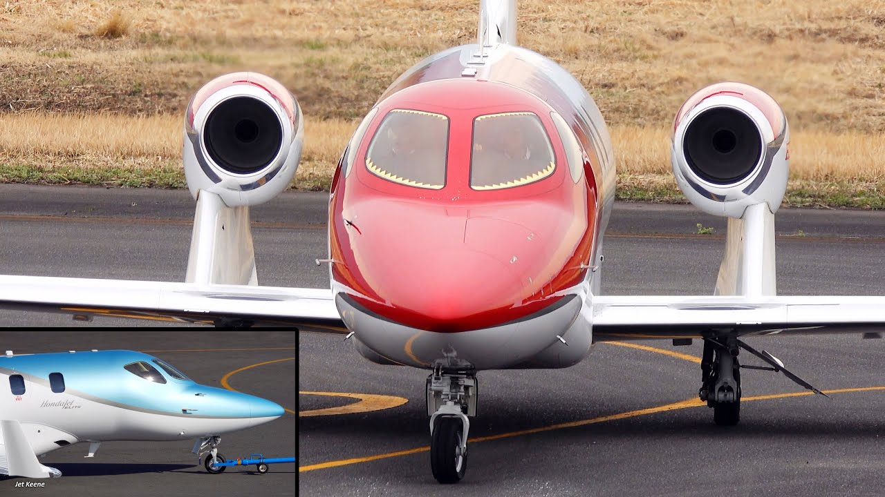 Red Pearl HondaJet Landing, Ice Blue HondaJet Elite Takeoff - YouTube