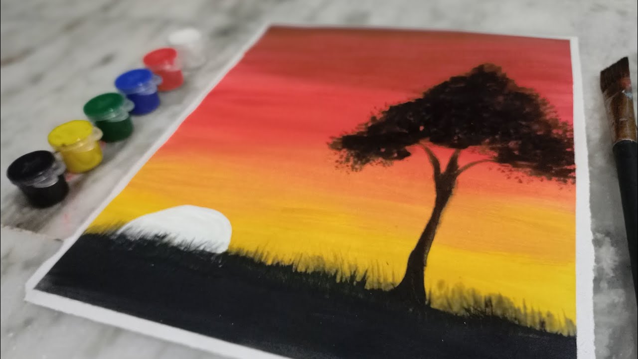 easy sunset painting / poster colour painting 🌅 sunset tree painting ...