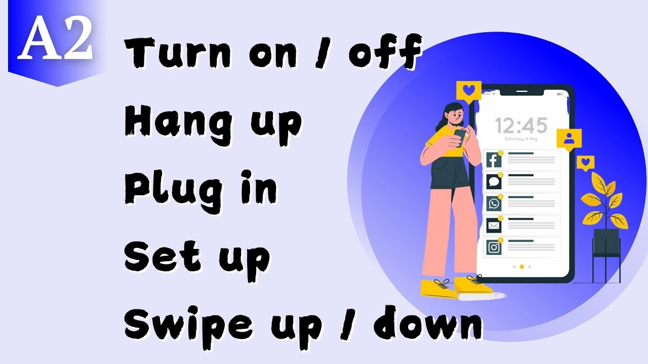 Phrasal verbs for smartphone users: Turn on / off; Hang up; Plug in ...