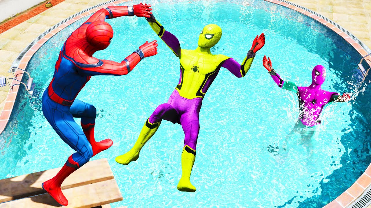 GTA 5 Rainbow Spiderman Falling Into Pool (Spider-Man Jumps & Ragdolls ...
