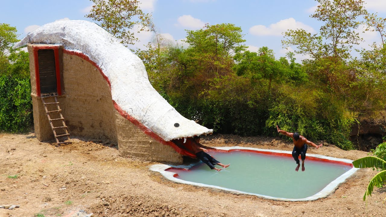 Build Swimming Pool And Build Python Water Slide House Using Bamboo and ...