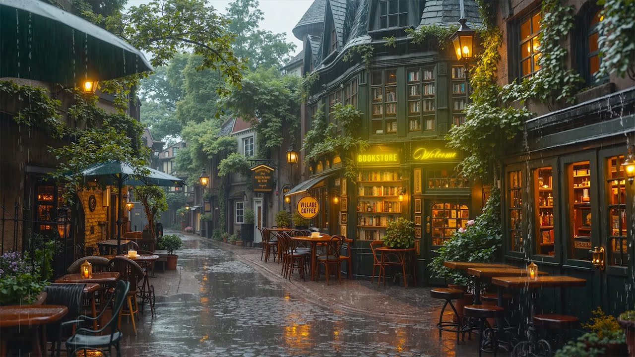 Smooth Jazz & Rainy Day 🌧️ Cozy Vintage Outdoor Book Café on Quiet ...