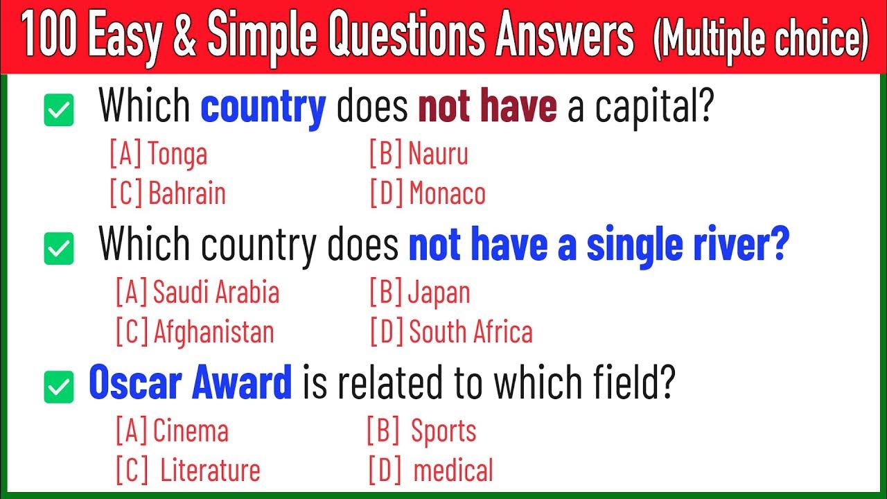 Easy & Simple General Knowledge - 100 GK Questions Answers in English | Multiple choice ...