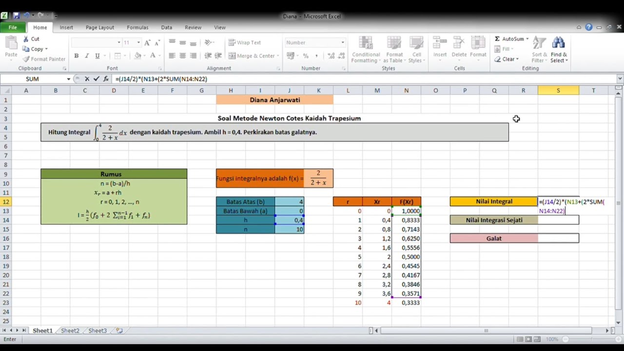Contoh Soal Metode Newton Cotes Kaidah Trapesium dengan Excel - YouTube