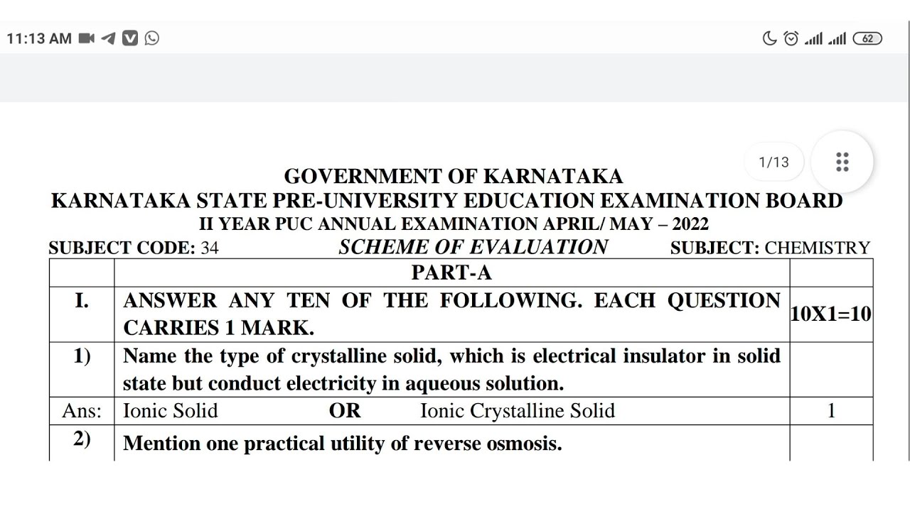 2nd PUC Chemistry Key Answers 2022 released by PUE Board Karnataka/2nd ...