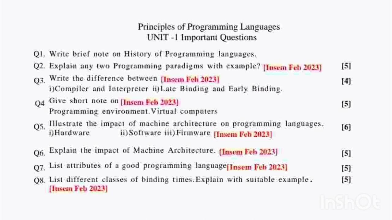 PPL Unit I || PPL Important Questions ||Principles of programming languages || PPL Insem ...