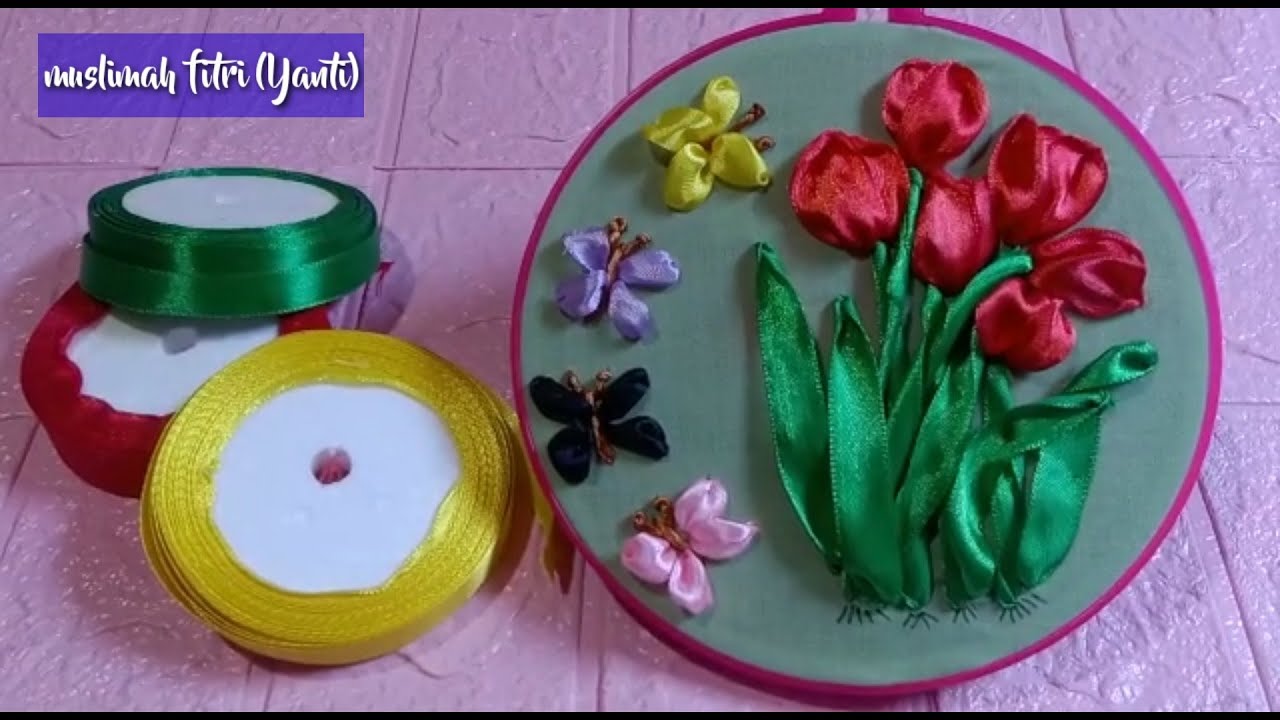 Butterfly and red tulips flower ribbon Embroidery // sulam pita bunga ...