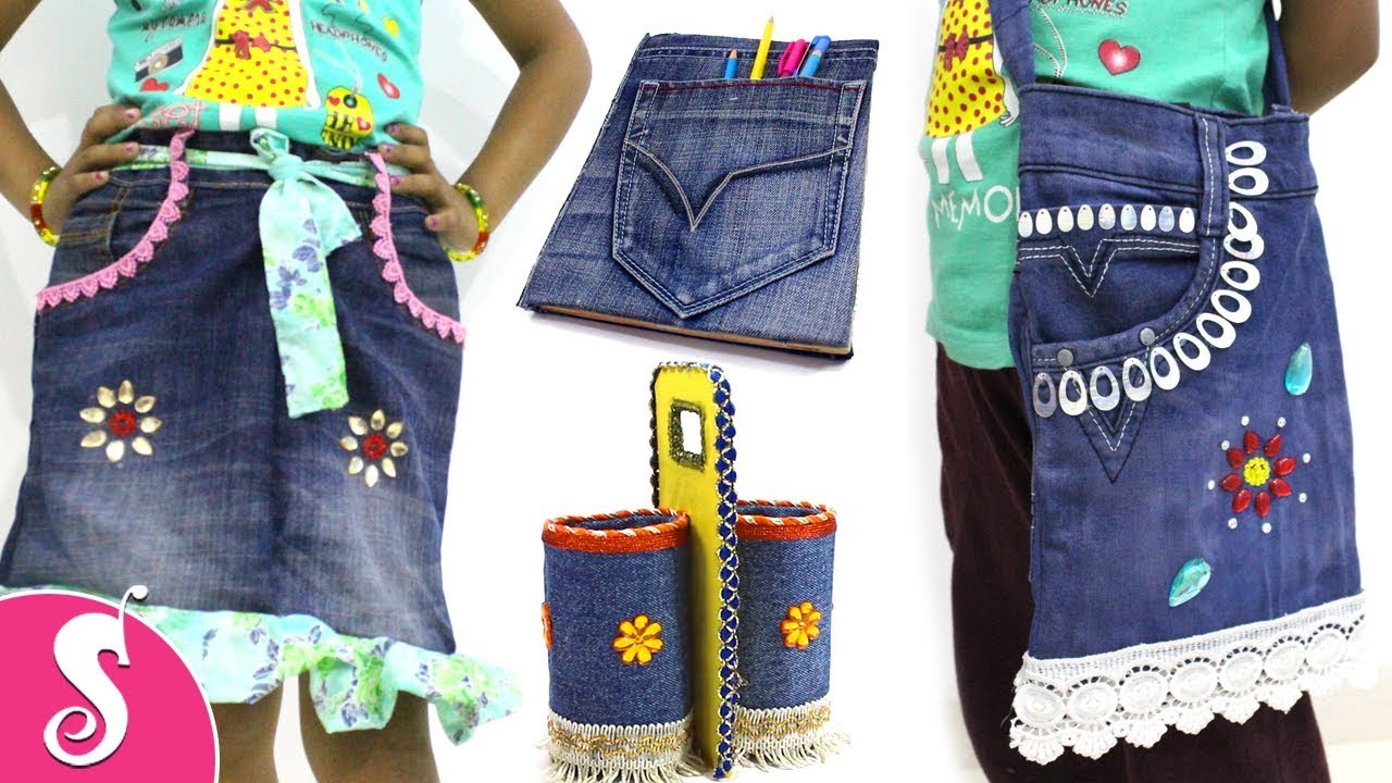 5 Cool Ideas of Recycling Old Jeans | Make Skirt,Purse,Organizer,Book ...