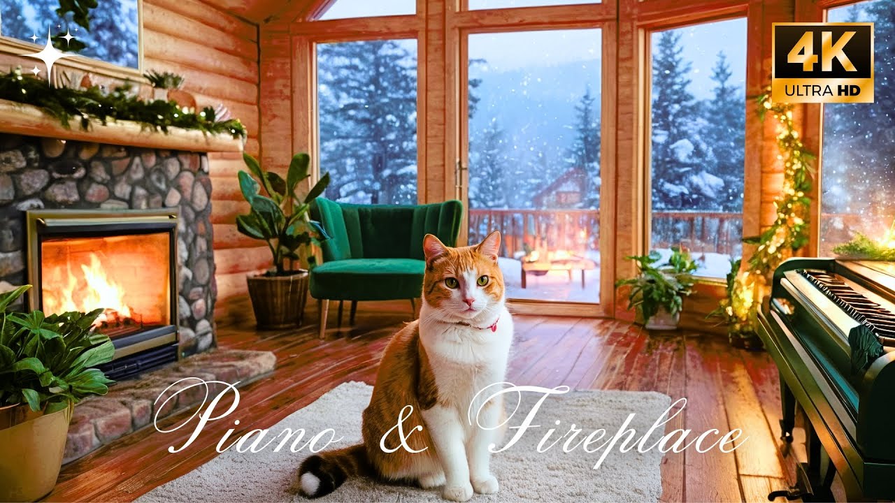 Fireplace Piano Music for Sleep and Relaxation | 4K Winter Ambience 🐈 ...