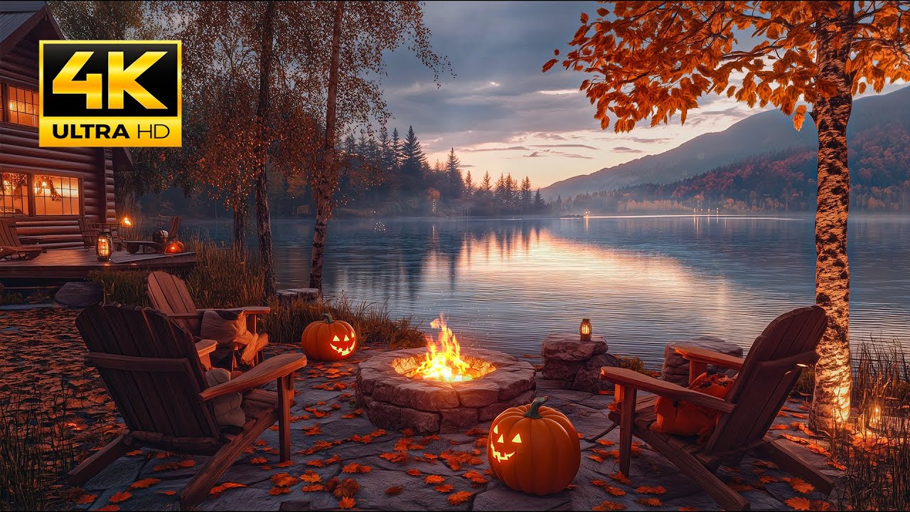4K Cozy Autumn Lakeside Halloween: Relax Nature Sounds & Crackling Fire ...