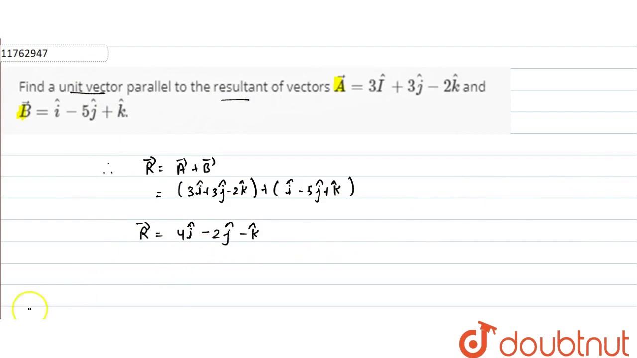 Find a unit vector parallel to the resultant of vectors ` vec A = 3 hat ...