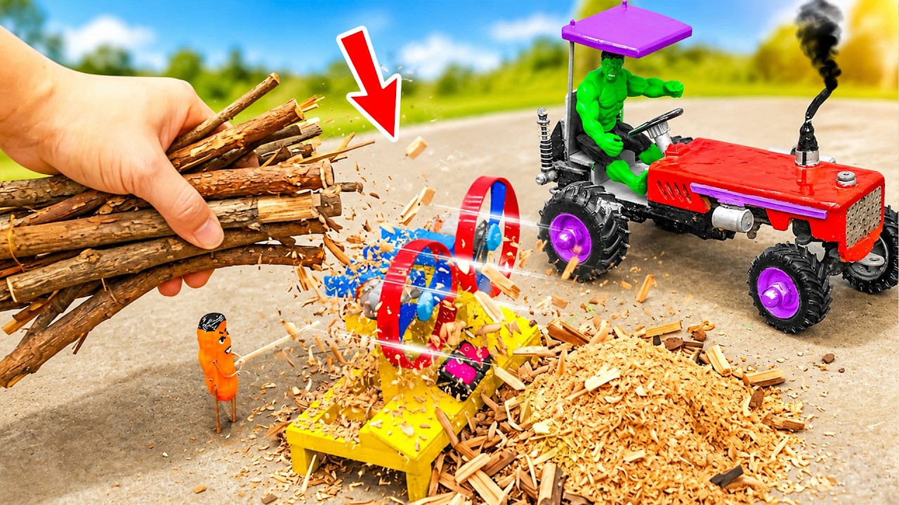 Mini Tractor Powers a Wood Chipper to Crush Tree Branches! 🌳🚜 - YouTube