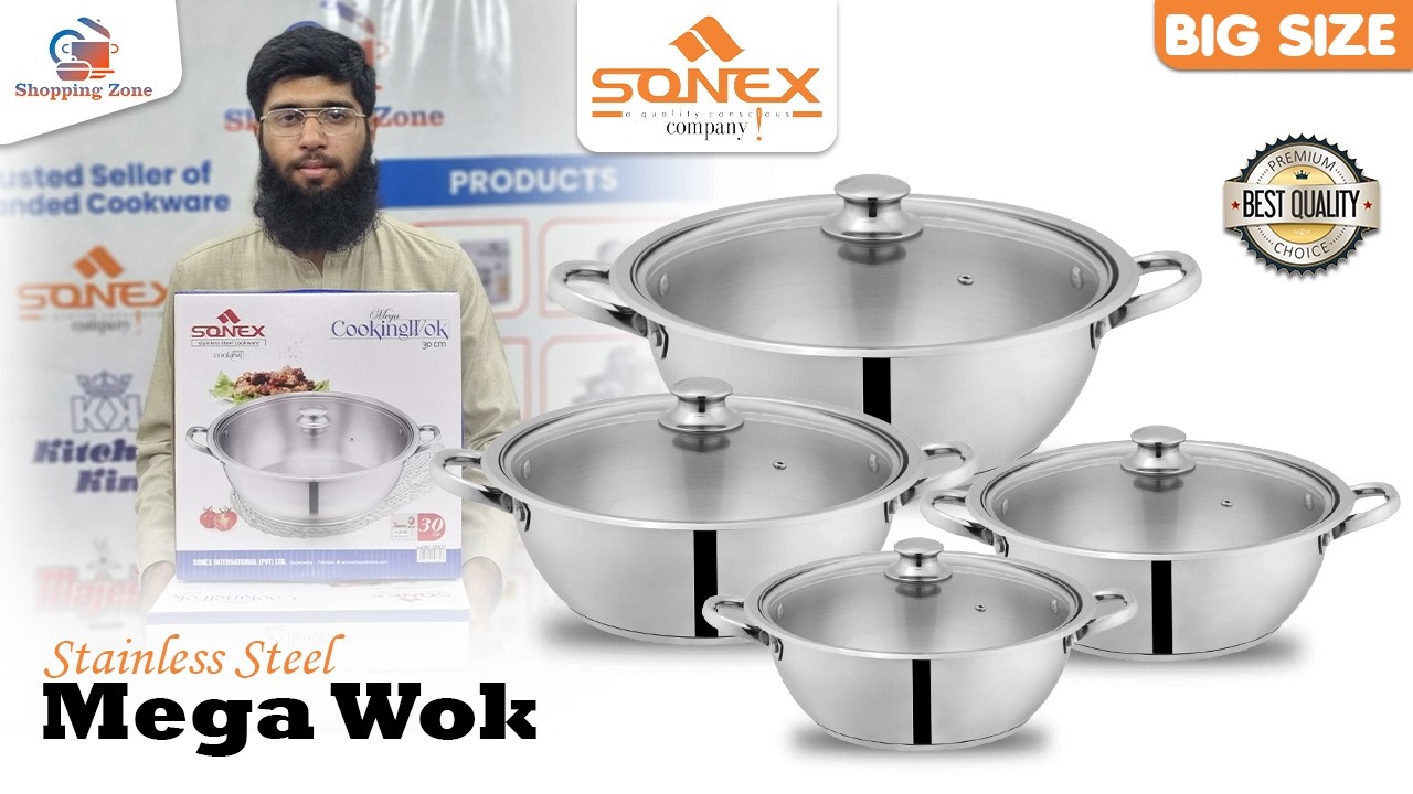 Sonex Stainless Steel Mega Wok Big Size (30–36cm) with Glass Lid ...