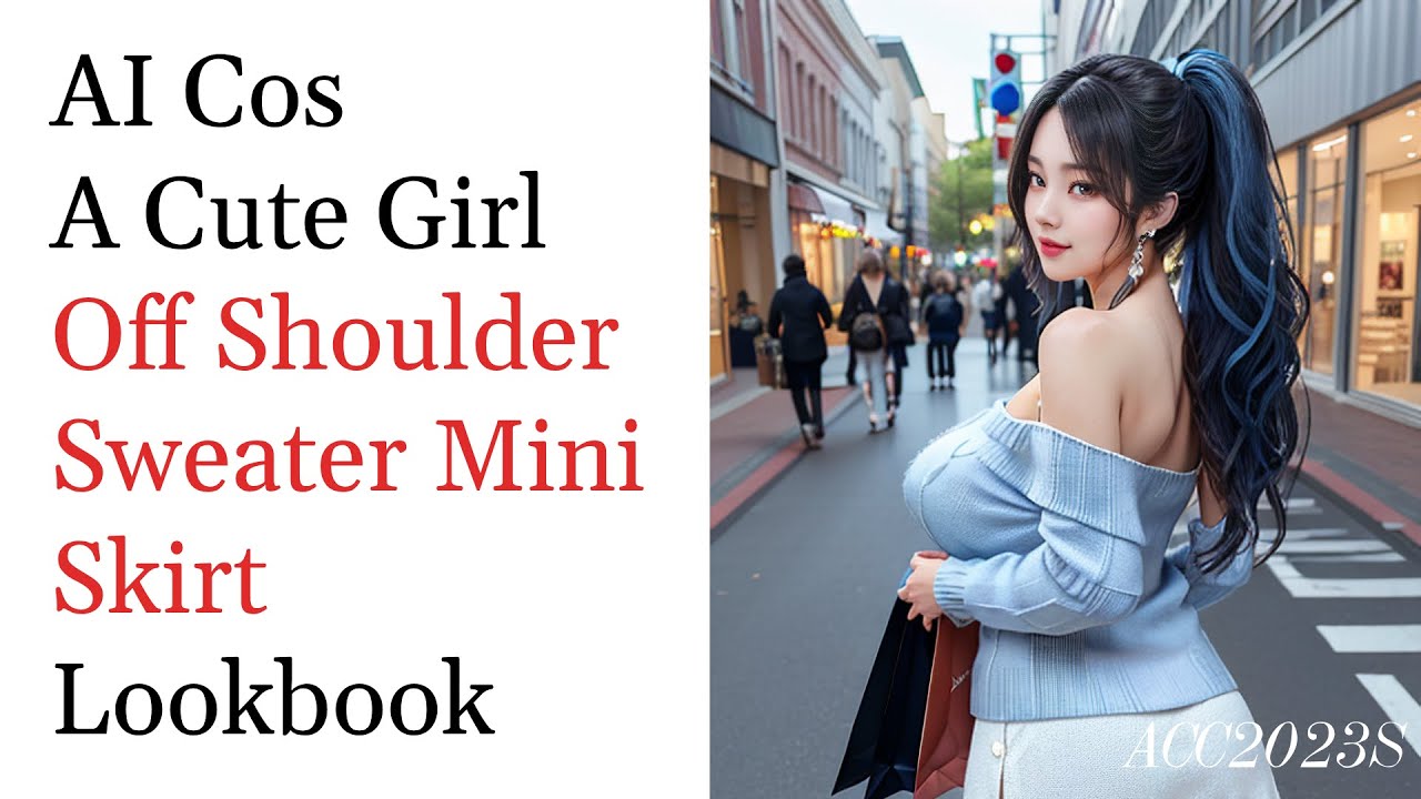 【AI Cos】A Cute Girl Off Shoulder Sweater Mini Skirt Lookbook - YouTube