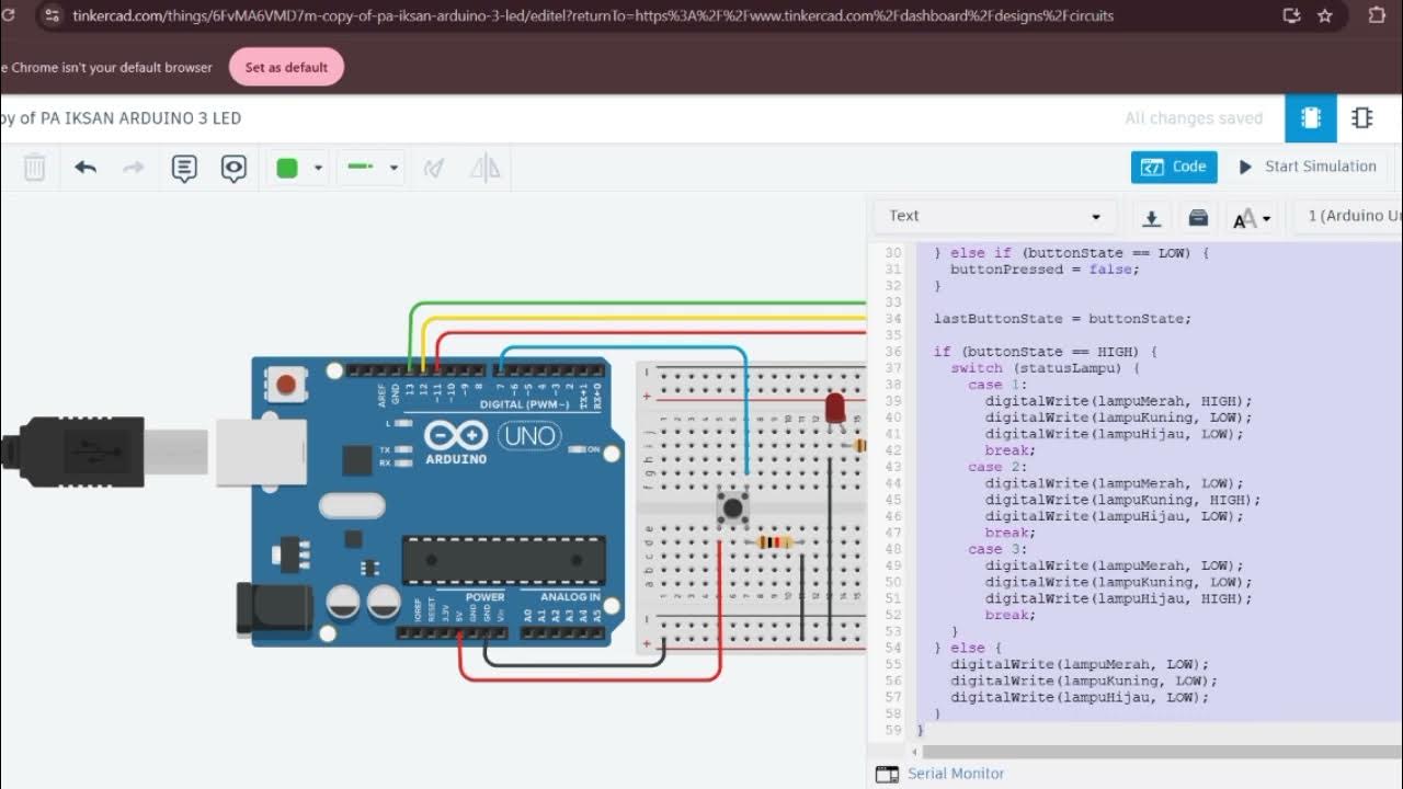tutorial arduino 3 lampu menyala bergantian di tahan - YouTube