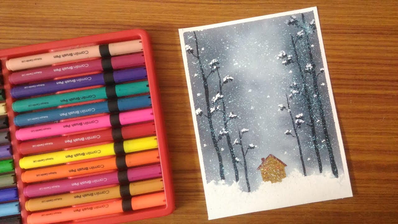 How to draw Snow Falling Scenery for Beginners using Brush Pen | step ...