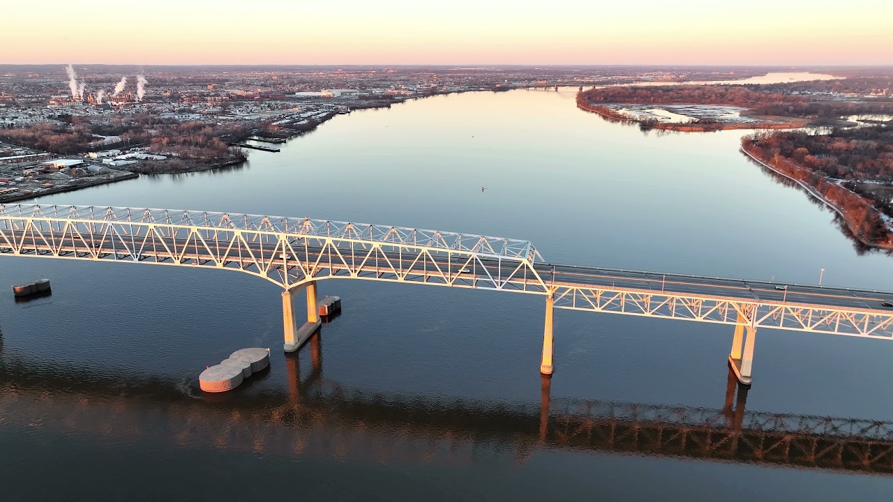 Aerial Drone View of Delaware River Near Betsy Ross & Delair Bridge ...