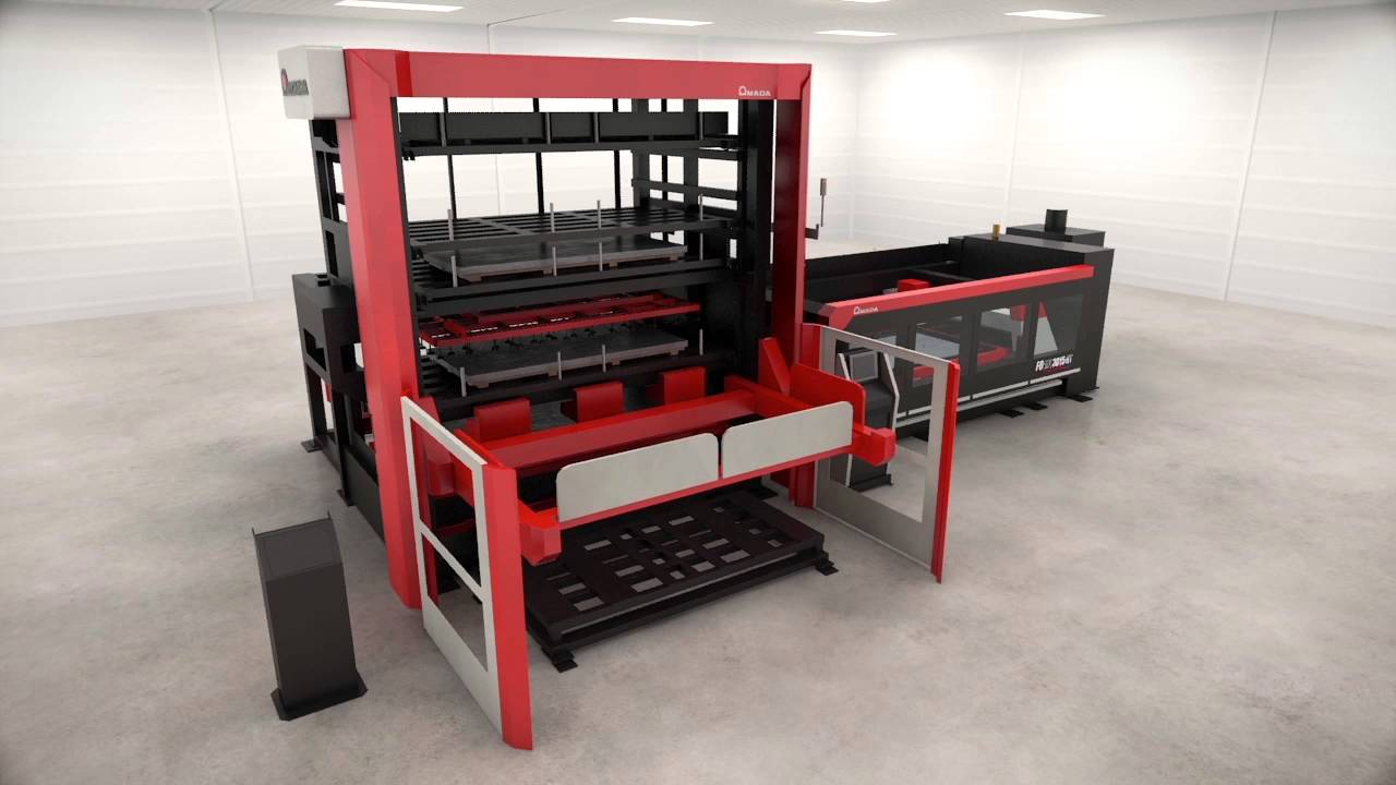 Amada ASF fork type material load unload and storage unit - YouTube
