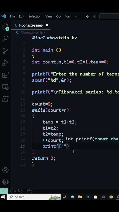 Printing Terms of Fibonacci series In c - YouTube