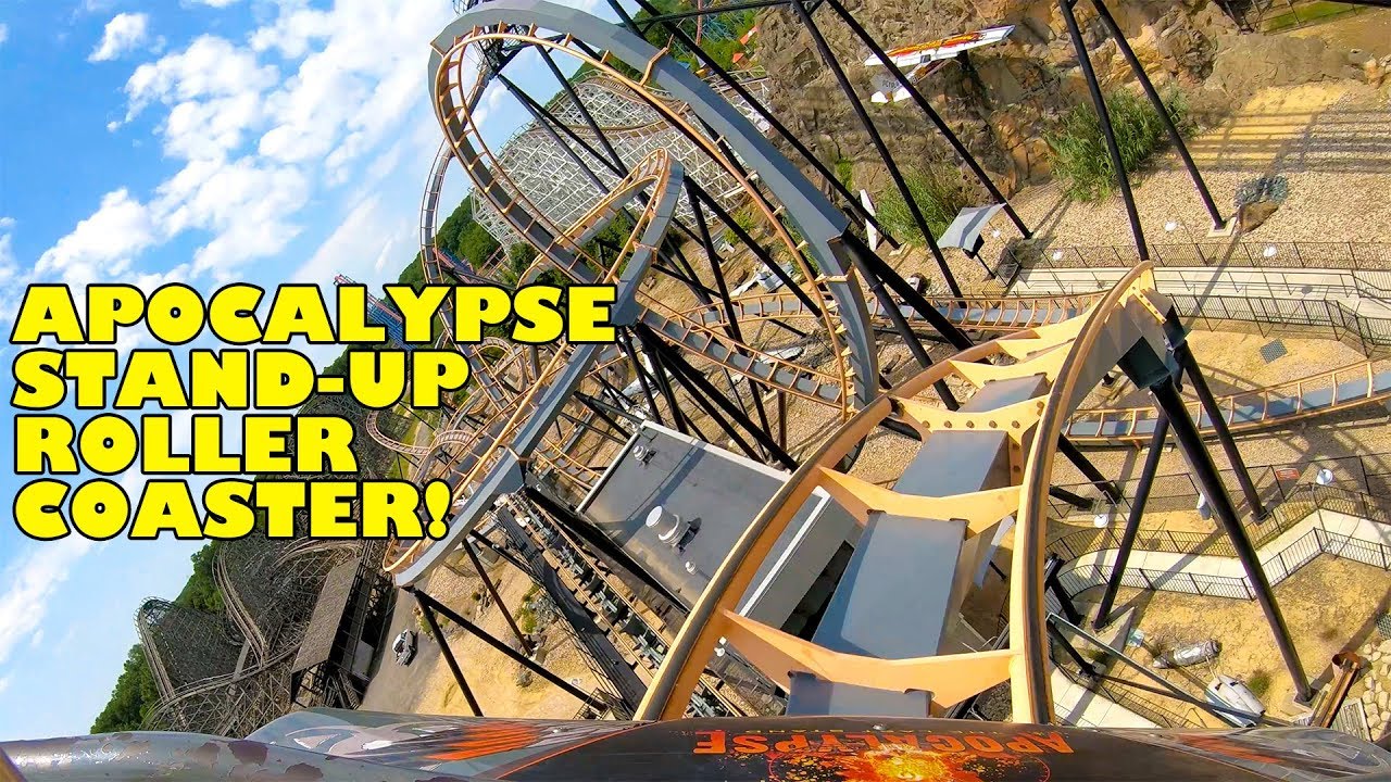 Riding Apocalypse Stand Up Roller Coaster at Six Flags America! Front ...