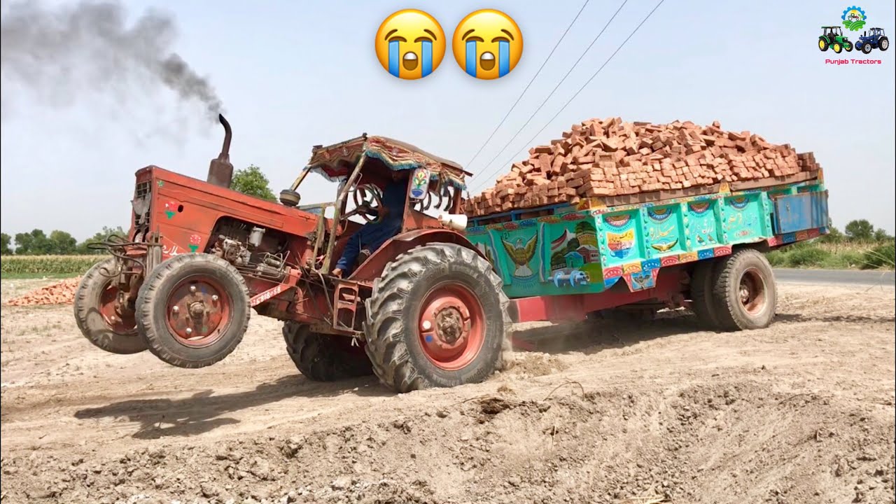 MTZ 50 Bricks loaded Trolley Tractor Hard Struggle to Pulling Trolley ...