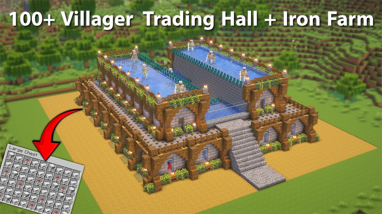 Ultimate 100+ Villager Trading Hall + Iron Farm | Works in Java ...