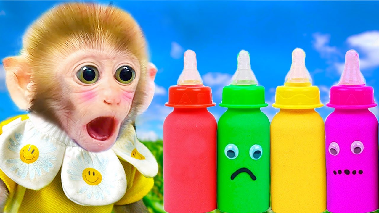 🌈Smart Baby monkey Bi bon harvest fruit to make colorful milk | Funny Monkey Cartoon videos ...