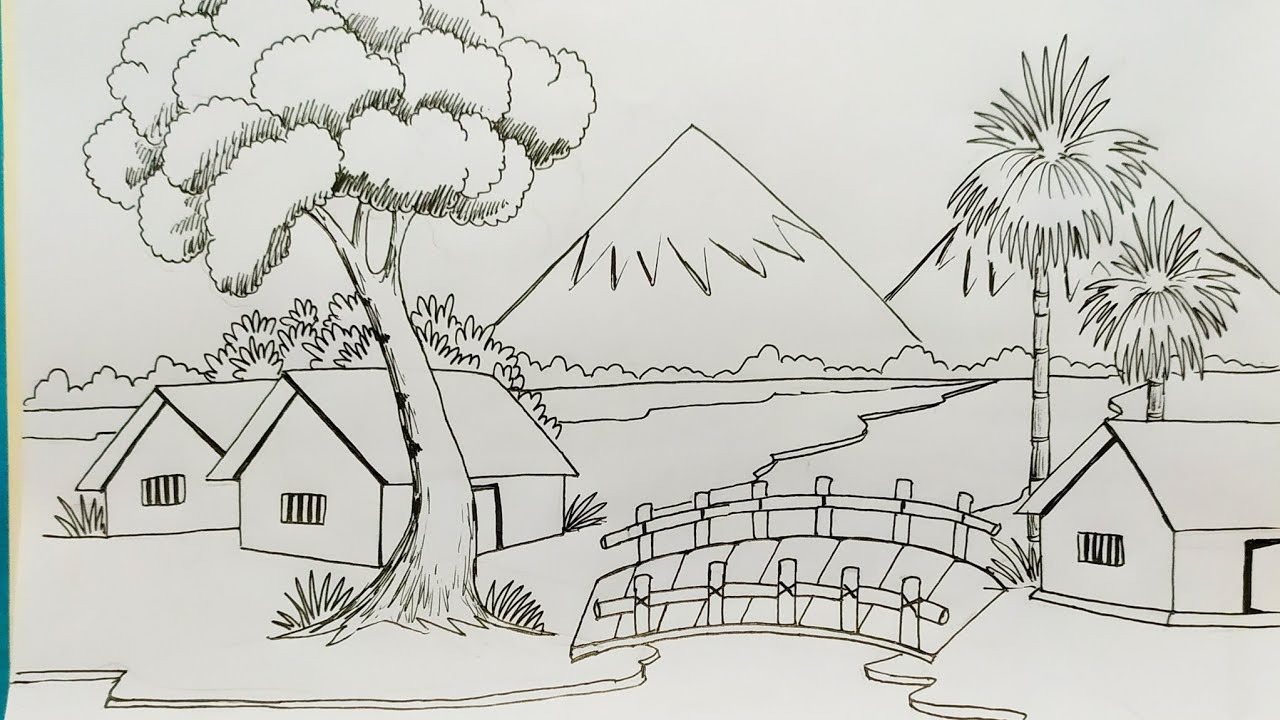 How to draw a beautiful village scenery with river and bridge | nature ...