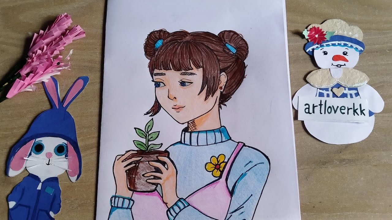 cute girl with plant pot step by step drawing / Go green / step by step ...