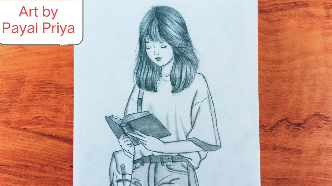 How to draw a cute girl reading a book 📚📖 pencil sketch drawing easy ...