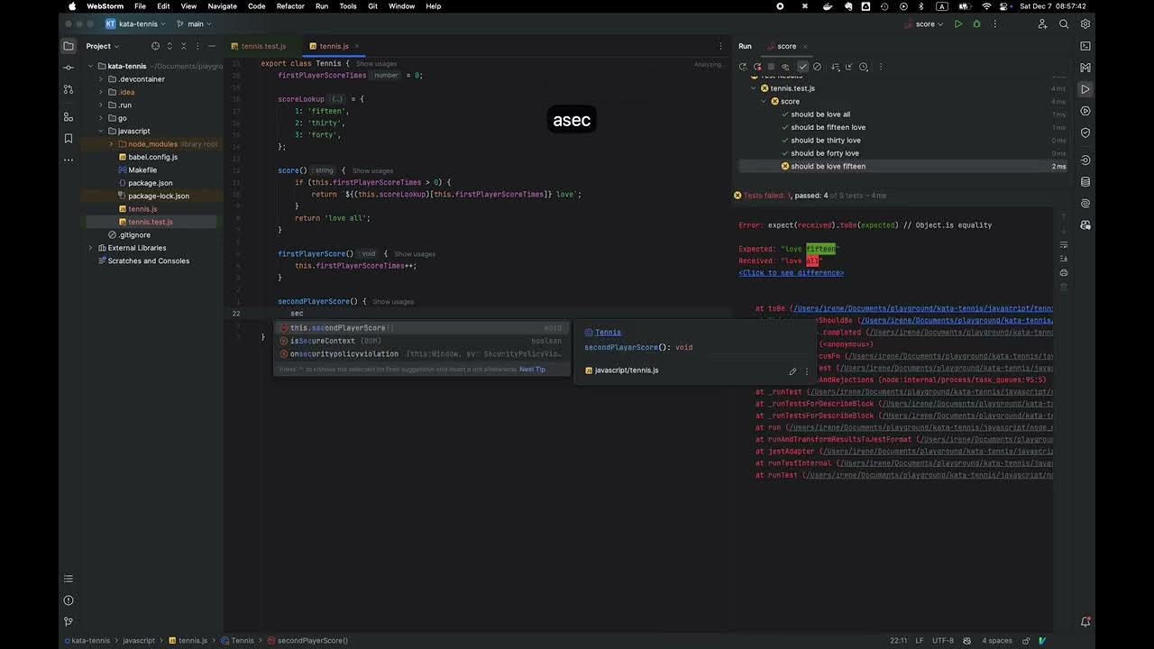 TDD Tennis Kata in JavaScript with WebStorm V5 - YouTube