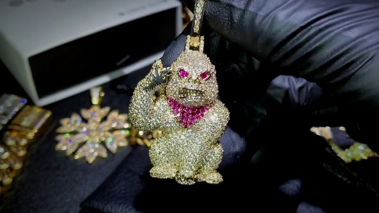 30mm Iced 18K Yellow Gold AAA CZ Gorilla Pendant & Cuban Link Chain ...