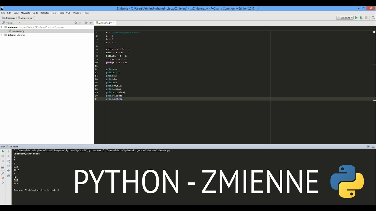 Python od Podstaw - Zmienne - PyCharm - Tutorial PL - CG Wisdom - YouTube