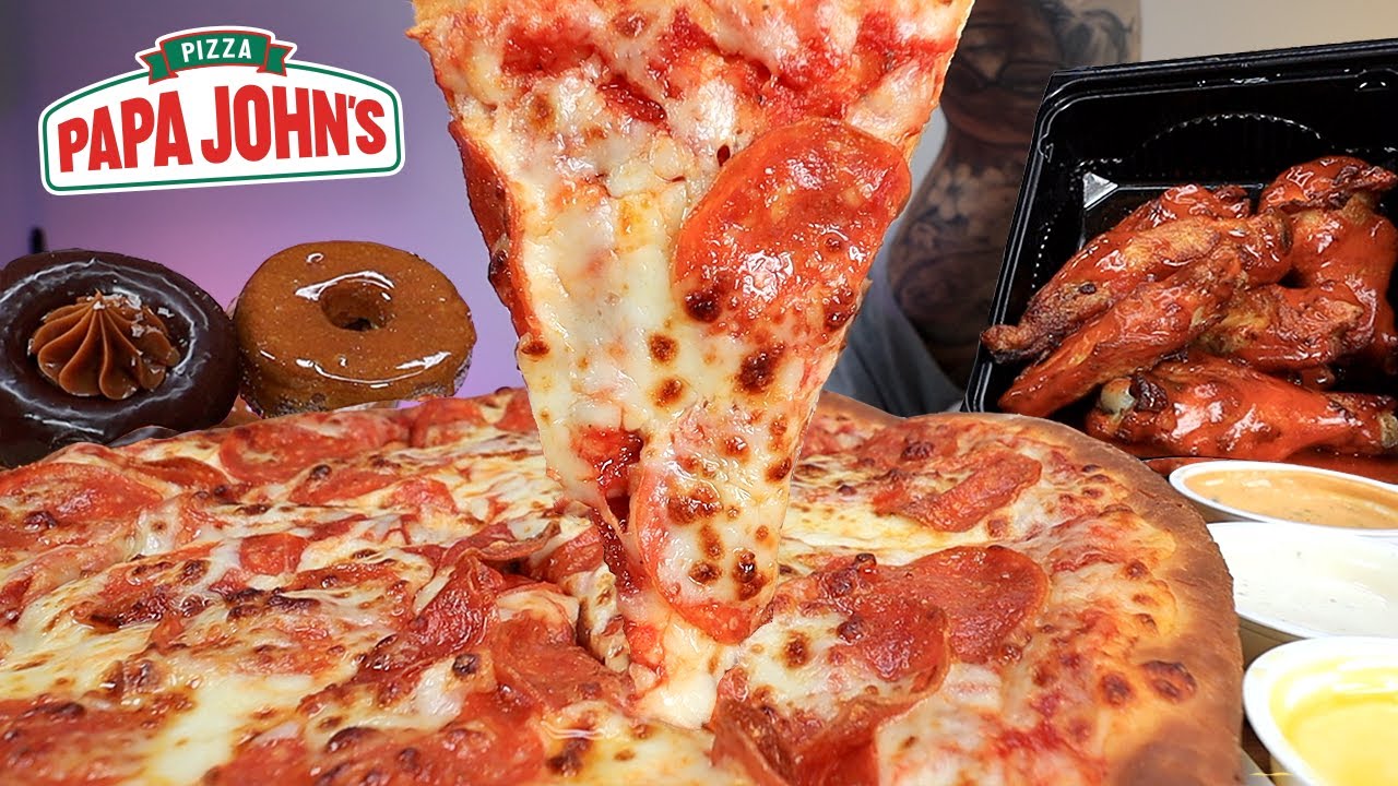 ASMR MUKBANG EATING PAPA JOHN'S EXTRA CHEESY PIZZA, SAUCY BUFFALO WINGS ...