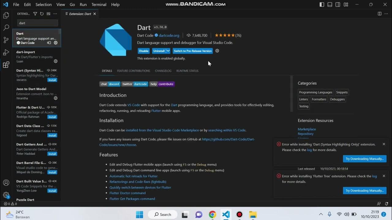 cara instalasi flutter dan menjalannkannya di visual studio code - YouTube