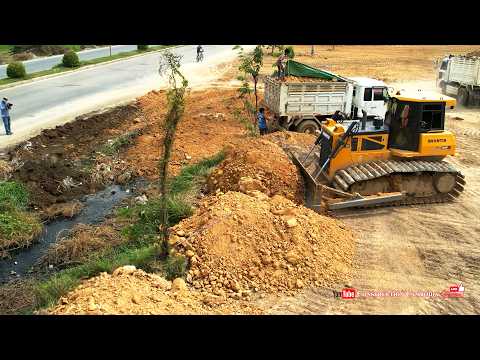Best Dozer Clearing Garbage Mud and Pushing Soil with Dump Trucks Dumping Soil Filling Up