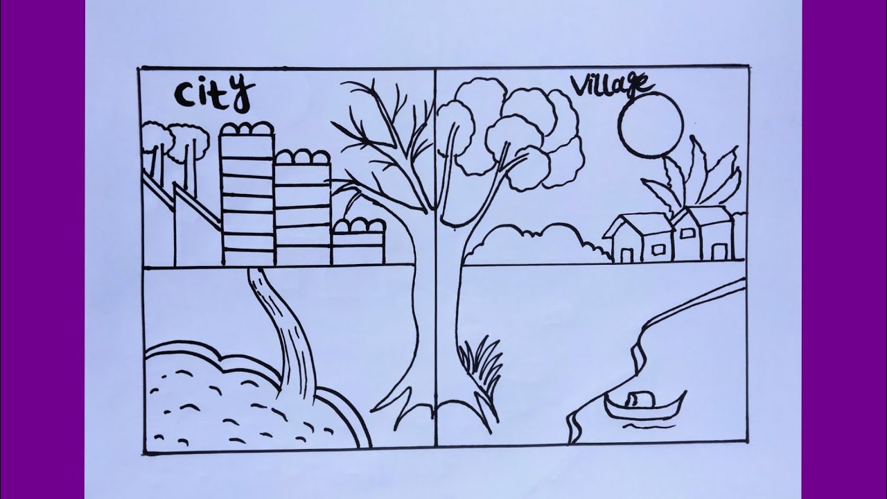 Village Vs City || Scenery Drawing || Drawing for competition - YouTube