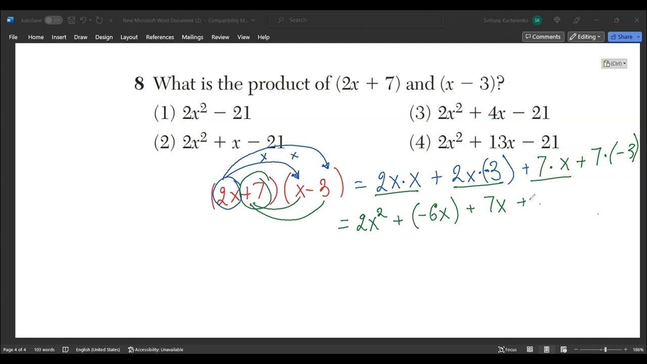 Multiplying Binomials using Distributive Property. NY Regents Algebra 1 Questions #8 (Aug 16 ...