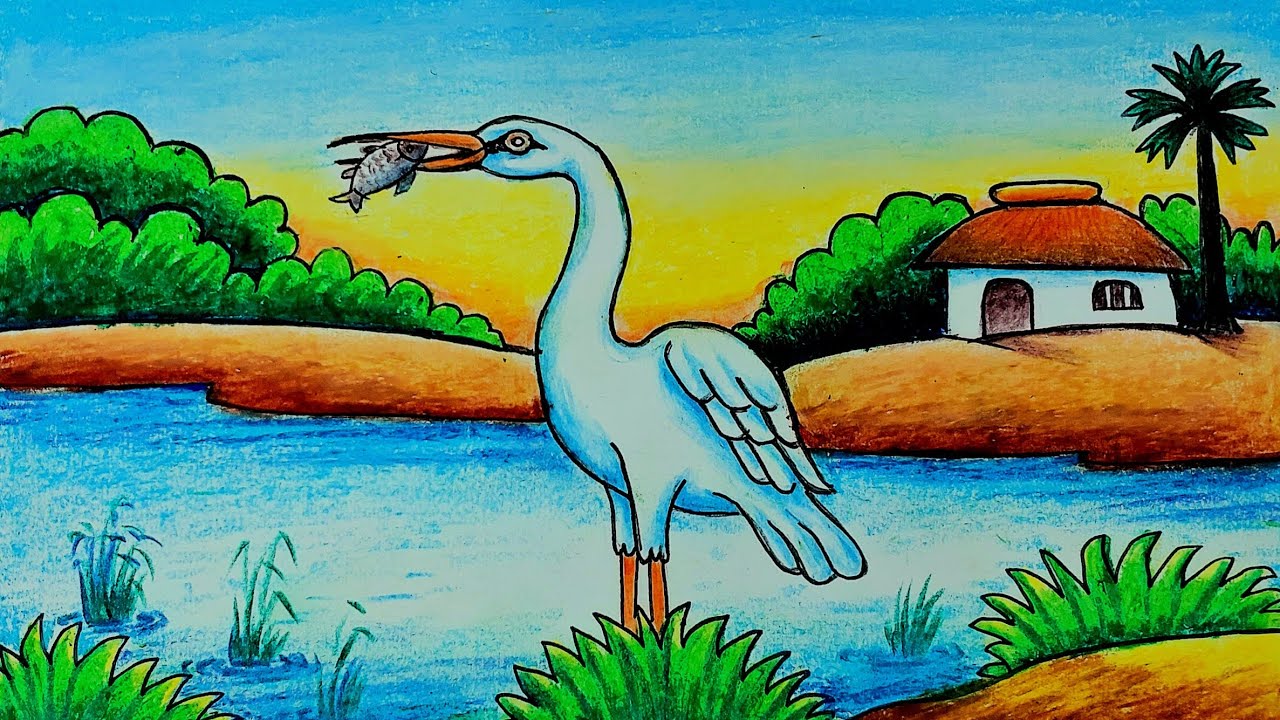 How to draw a crane bird | Drawing crane bird | Easy drawing with ...