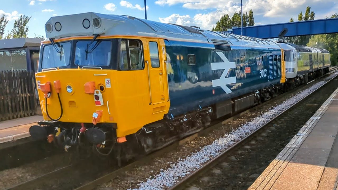 BR traction at Swinton 50021 Rodney + Loram 37s + Caledonian sleeper 17 ...