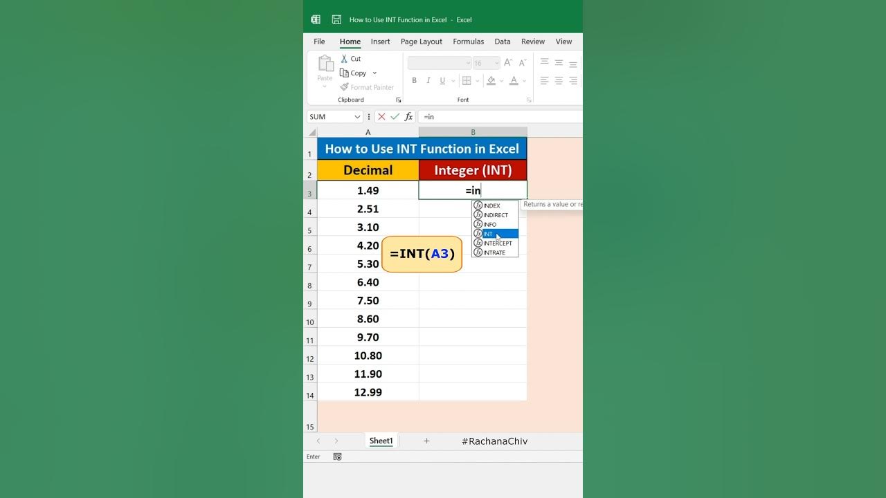 INT function in Excel | Excel Formula | Excel Tricks | #shorts #excel #excelbasic - YouTube