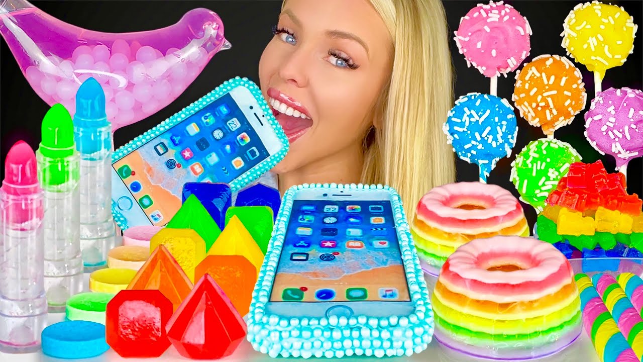 ASMR RAINBOW DESSERT, EDIBLE IPHONE COOKIE, GEMS, LAYERED JELLO, EDIBLE ...
